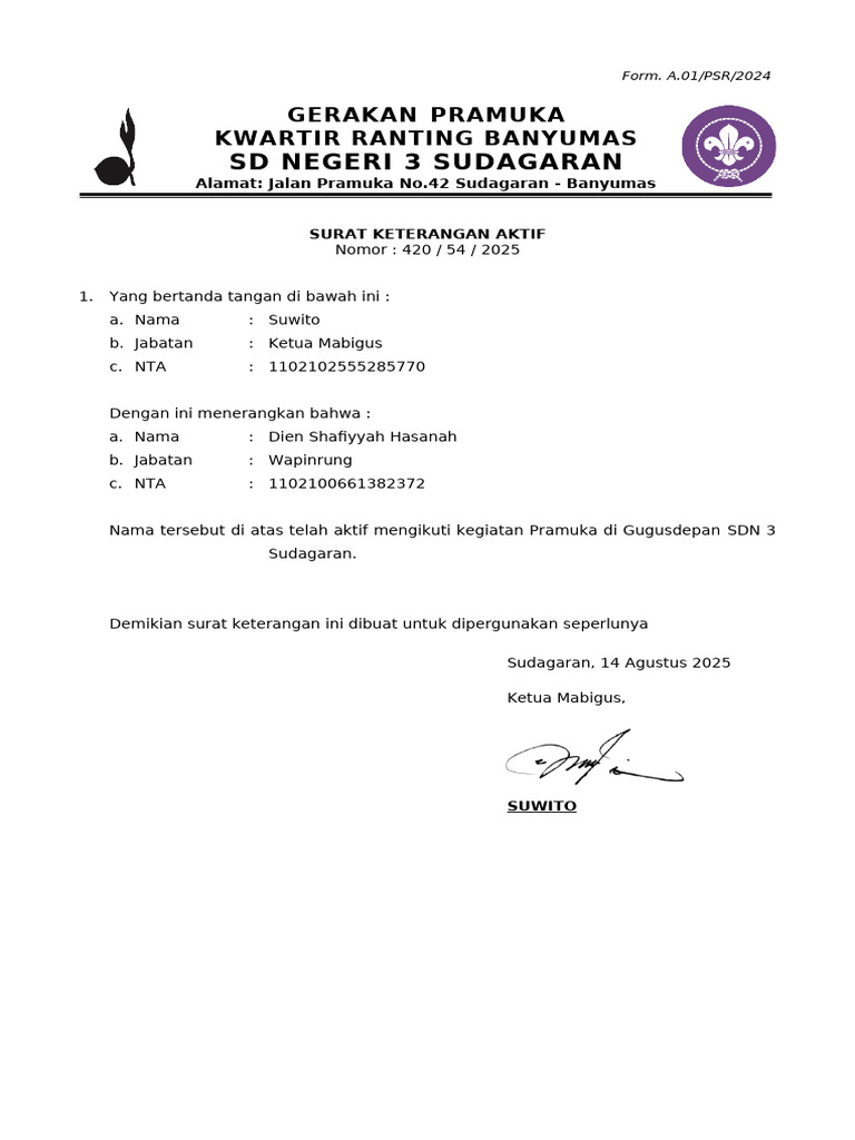 Surat Keterangan Aktif Pramuka SDN 3 | PDF