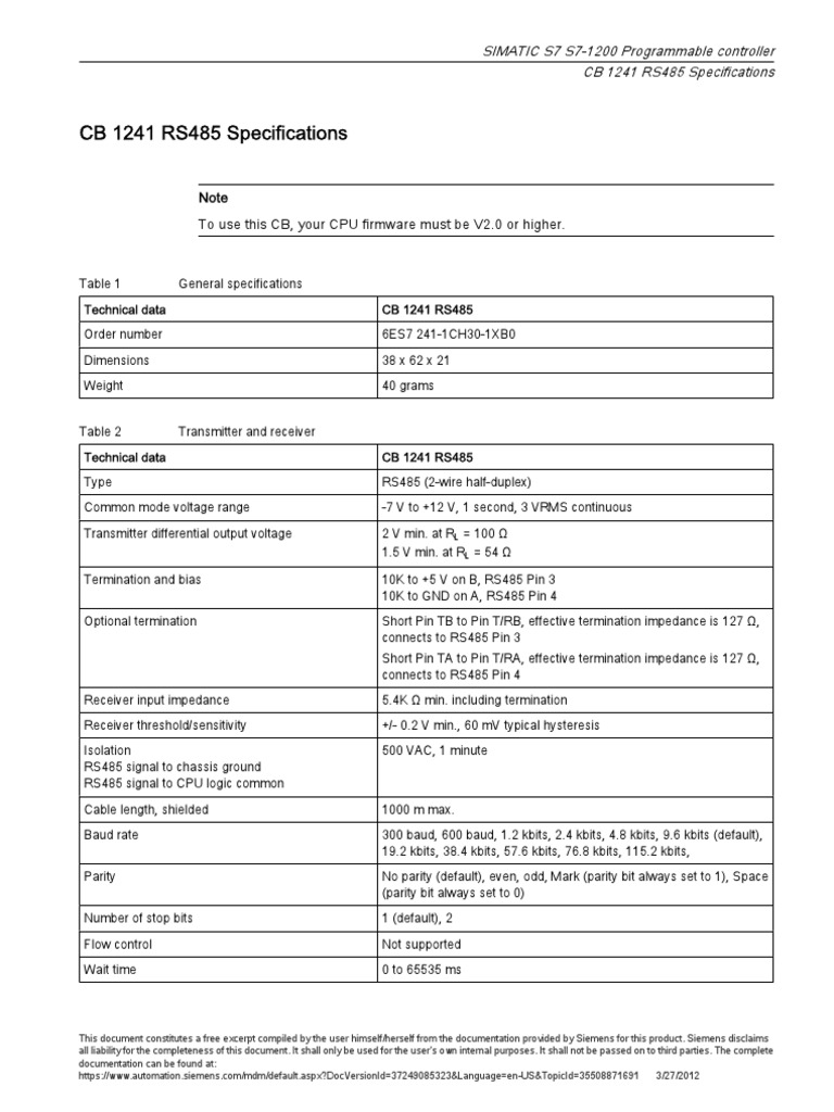 CB 1241 RS485 Technical Specifications | PDF | Physical Layer Protocols ...