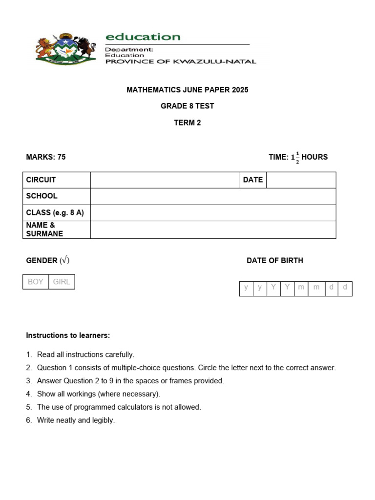 Grade 8 Mathematics Test June 2025 | PDF | Mathematics