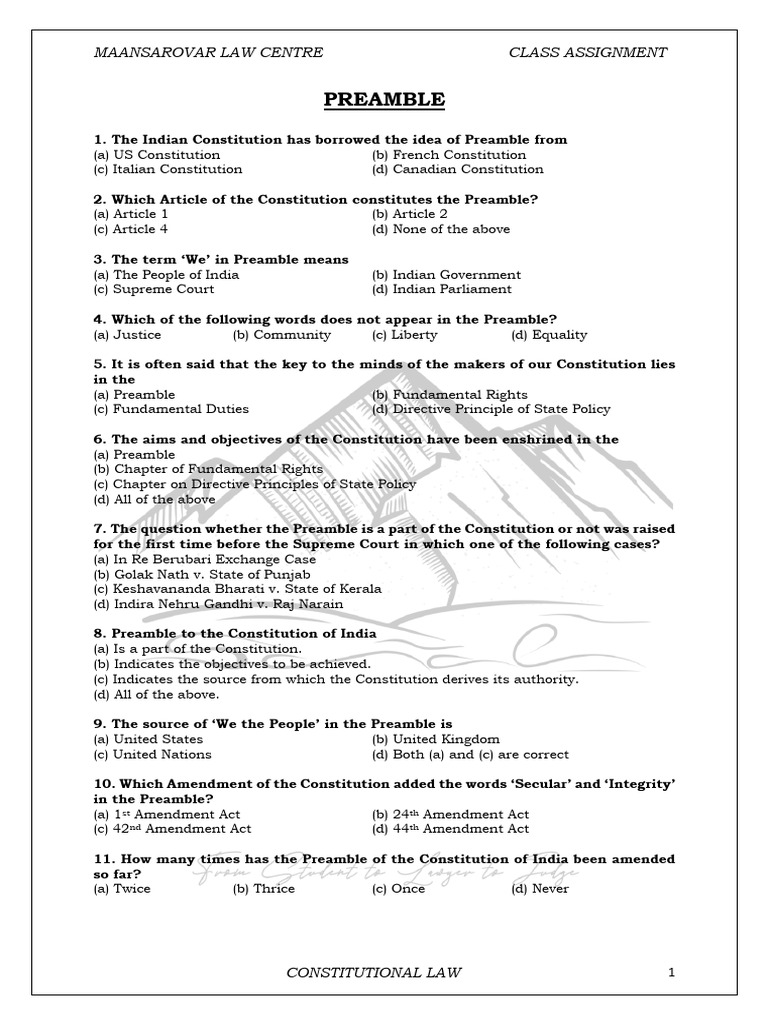 LAW - Constitution Preamble Class Assignment | PDF | Political Science ...