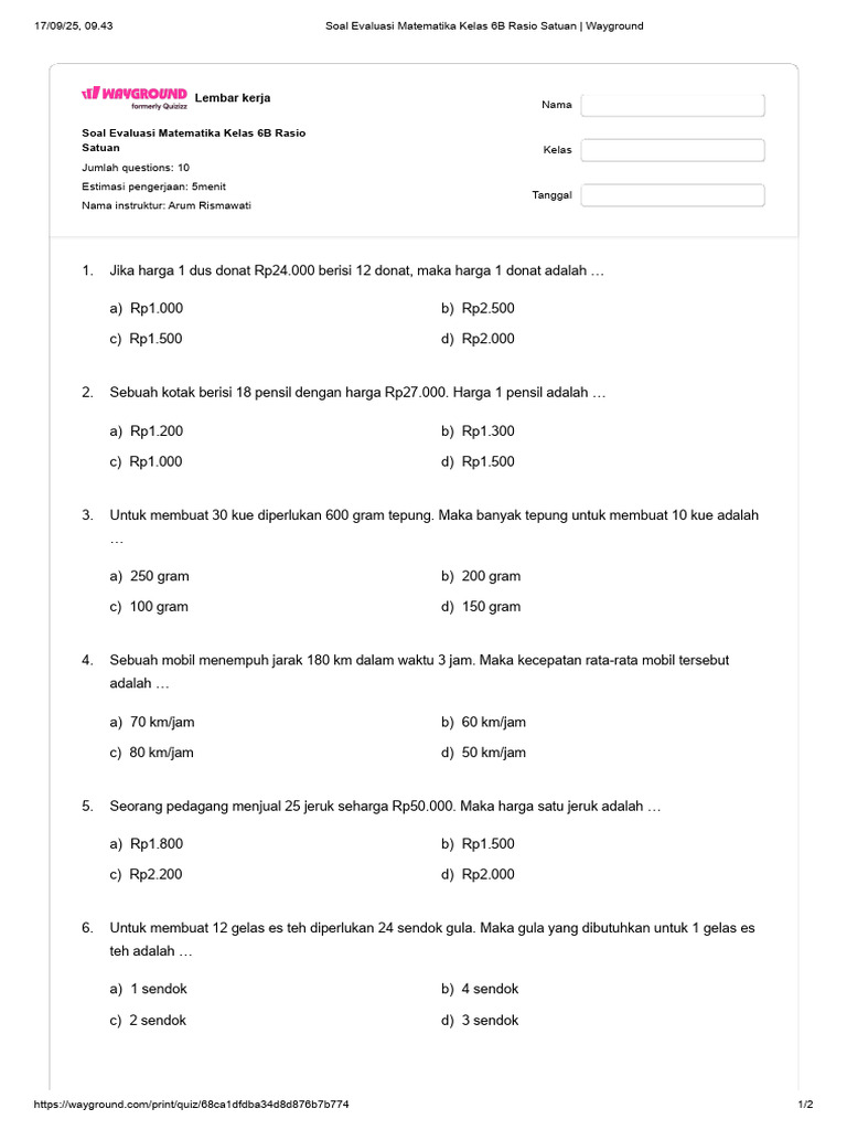 Soal Evaluasi Matematika Kelas 6B | PDF