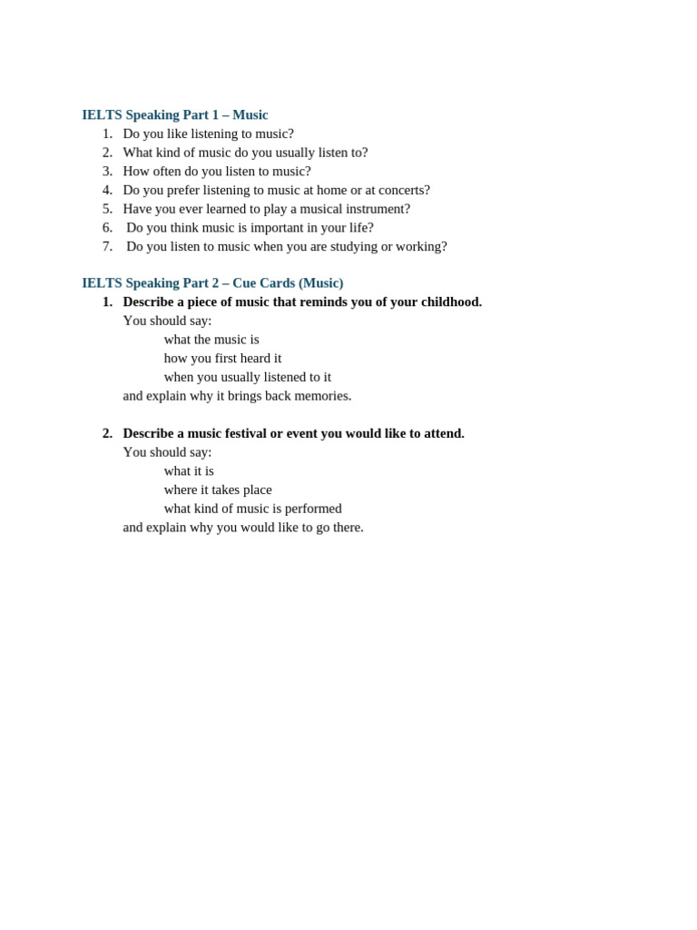 IELTS Speaking: Music Topics Guide | PDF