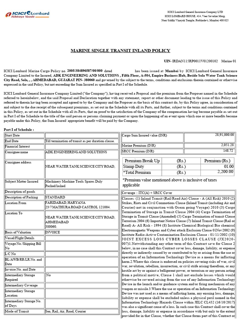 Adk Engineering and Solutions Policy | PDF | Insurance | Cargo
