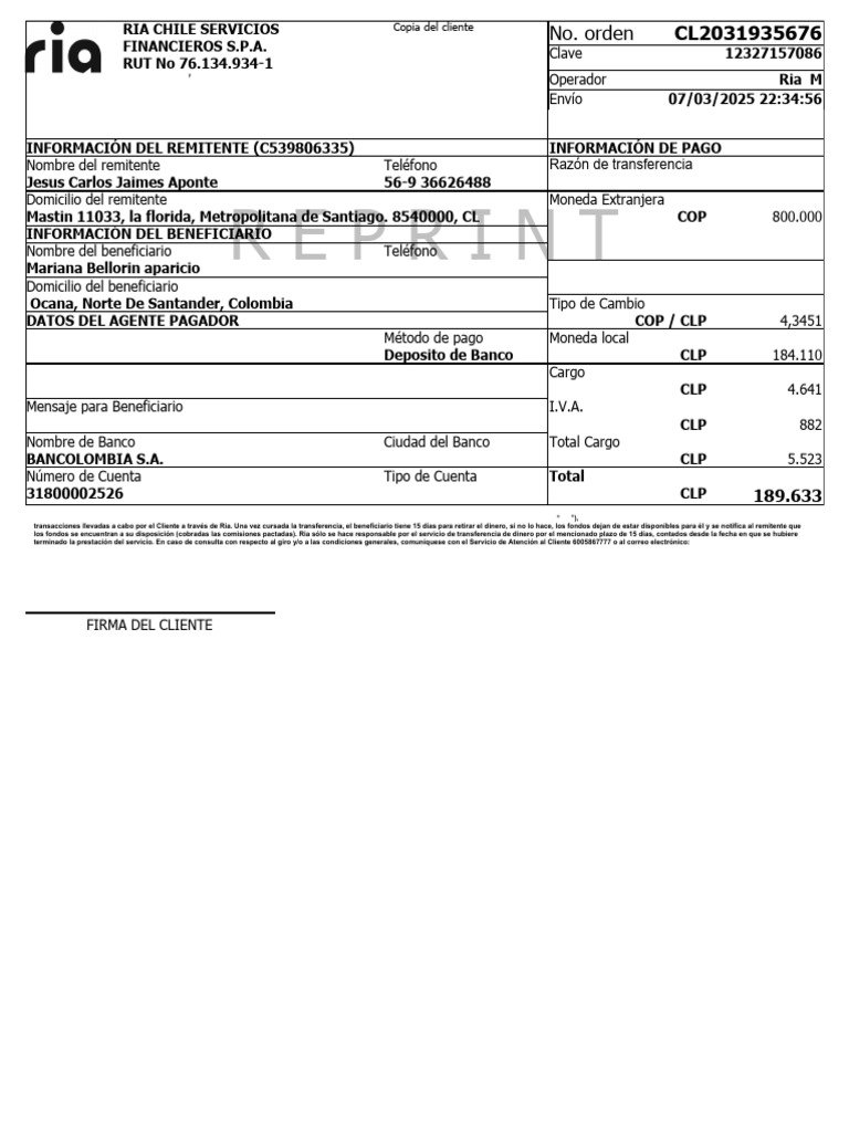 Ria Order Receipt CL2031935676 | PDF | Transferencia bancaria | Bancos