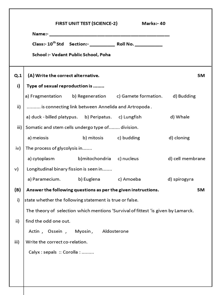 Science Unit Test for 10th Grade Students | PDF | Evolution | Reproduction