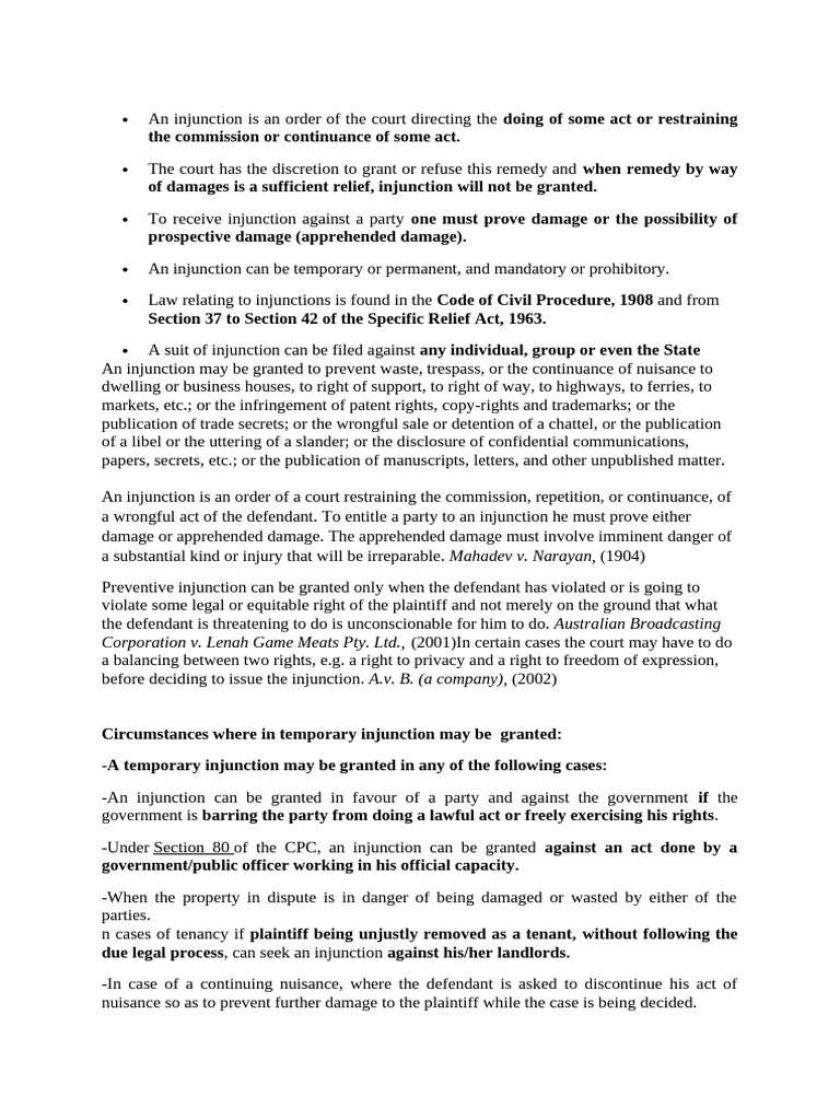 An Injunction Is An Order of The Court Directing The Doing of Some Act or Restraining The ...