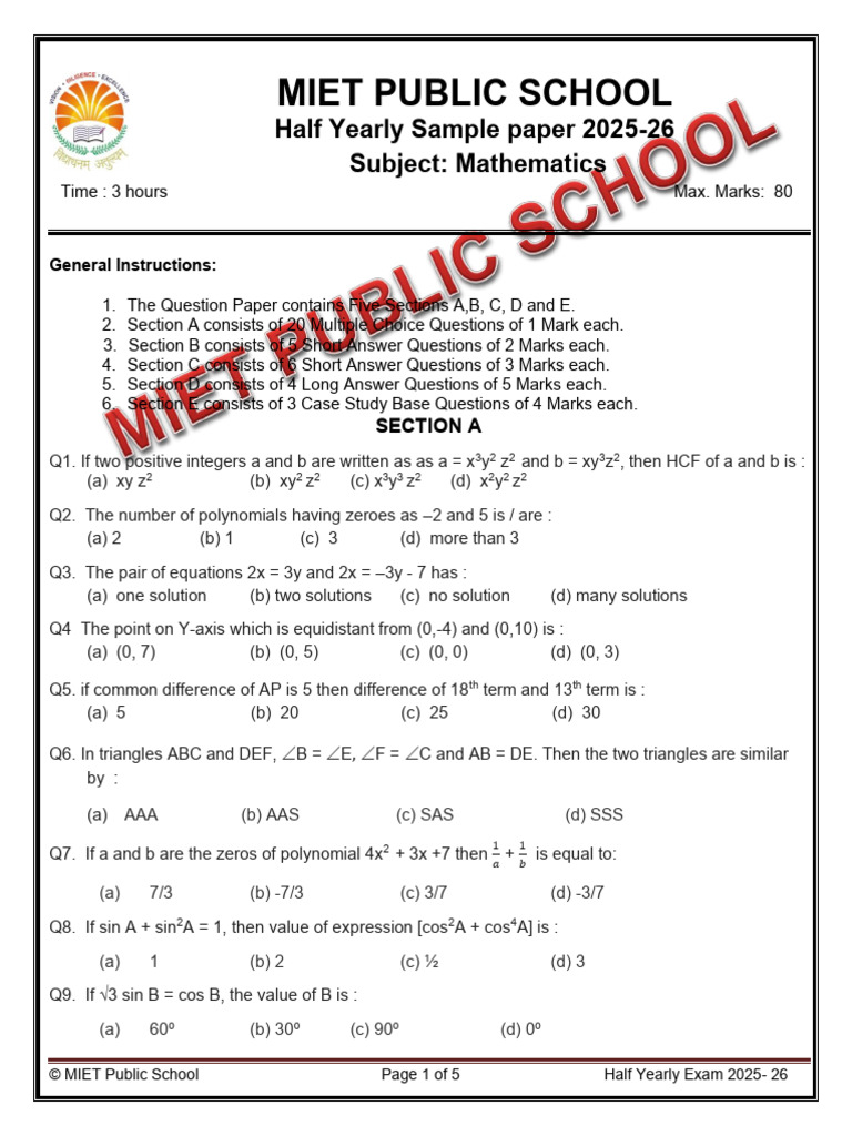 Mathematics Half Yearly Sample Paper 2025-26 | PDF | Numbers | Arithmetic