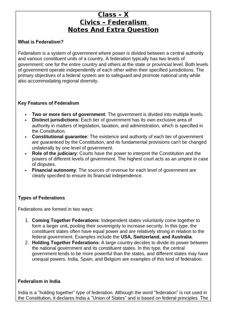 Class - X Civics Federalism Notes and Extra Question | PDF | Government ...