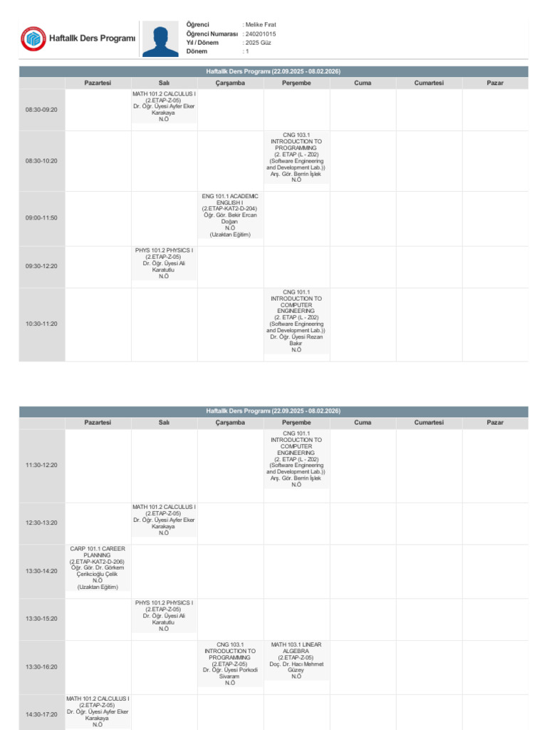 Haftalik Ders Programi | PDF