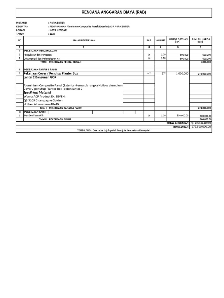 RAB Pemasangan ACP ASR Center 2025 | PDF
