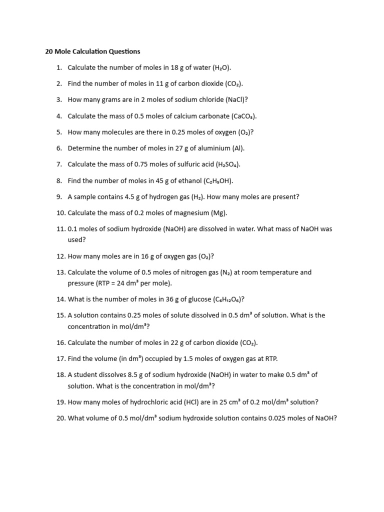20 Mole Calculation Questions | PDF