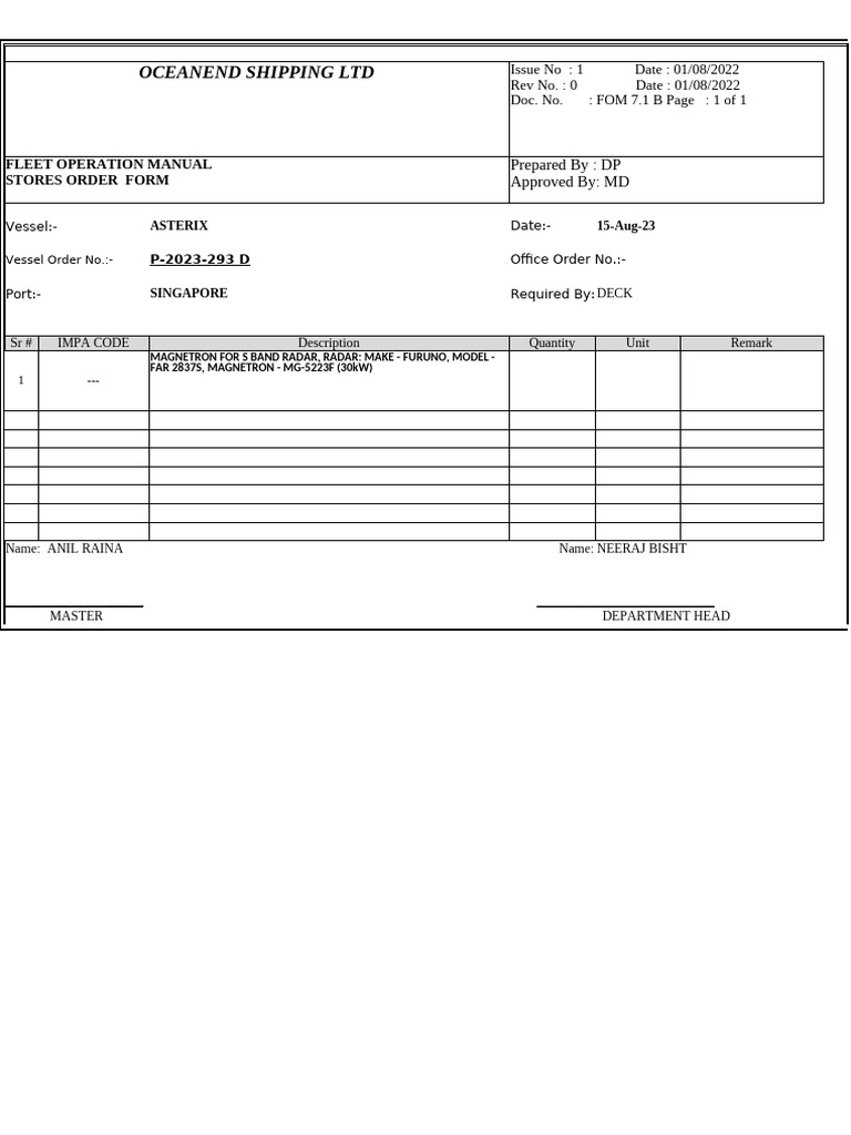 Oceanend Shipping LTD: Fleet Operation Manual Stores Order Form | PDF