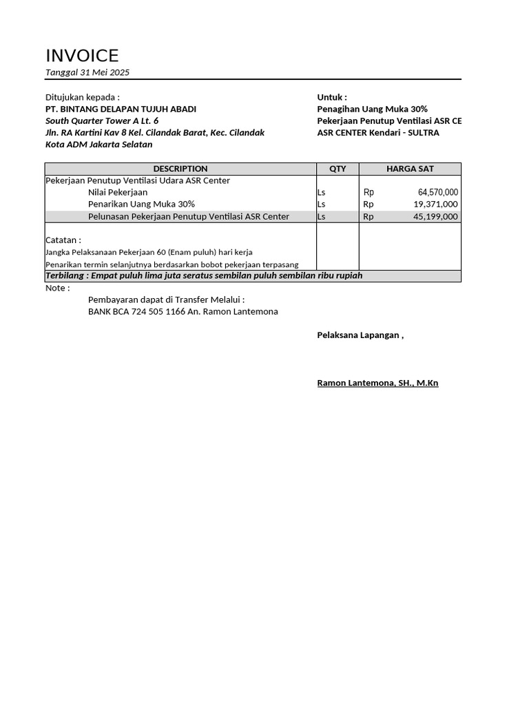 Invoice Penagihan VENTILASI Termin 30% | PDF