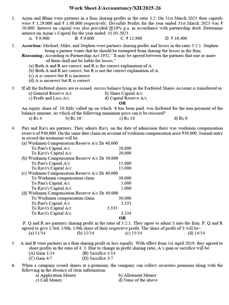 Accountancy Worksheet for XII Students | PDF | Balance Sheet | Equity ...