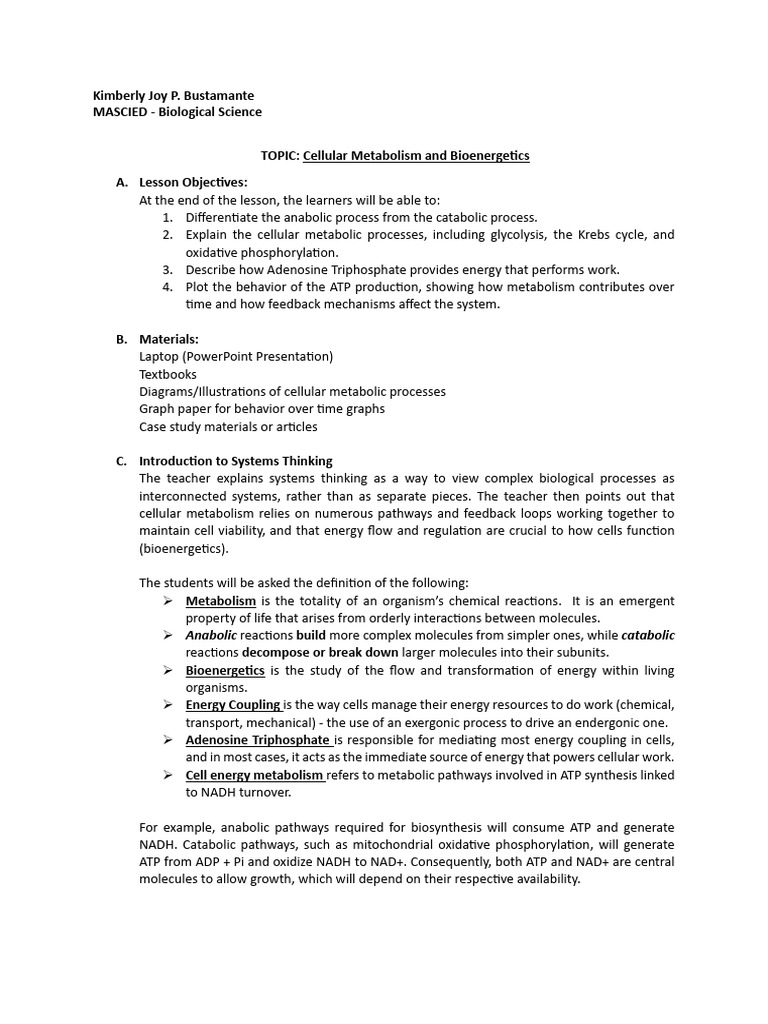 Lesson Plan Cellular Metabolism and Bioenergetics | PDF | Cellular ...