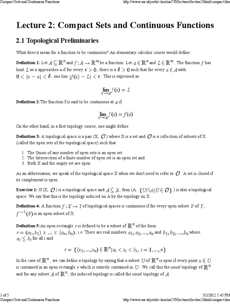 Compact Sets And Continuous Functions Pdf Compact Space Continuous Function