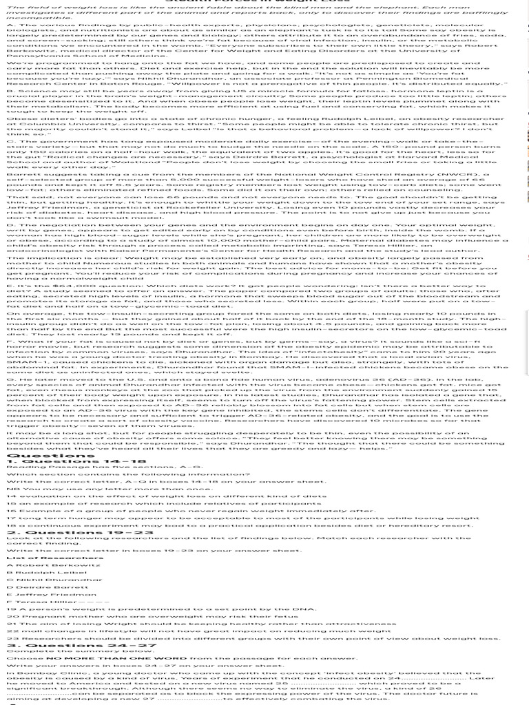 Stealth Forces in weight Loss IELTS Reading questions and answers | PDF | Obesity | Dieting