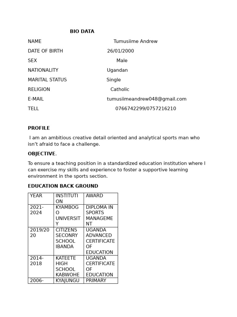 Tumusiime Andrew's Sports Teaching Bio | PDF | Teachers | Intelligence