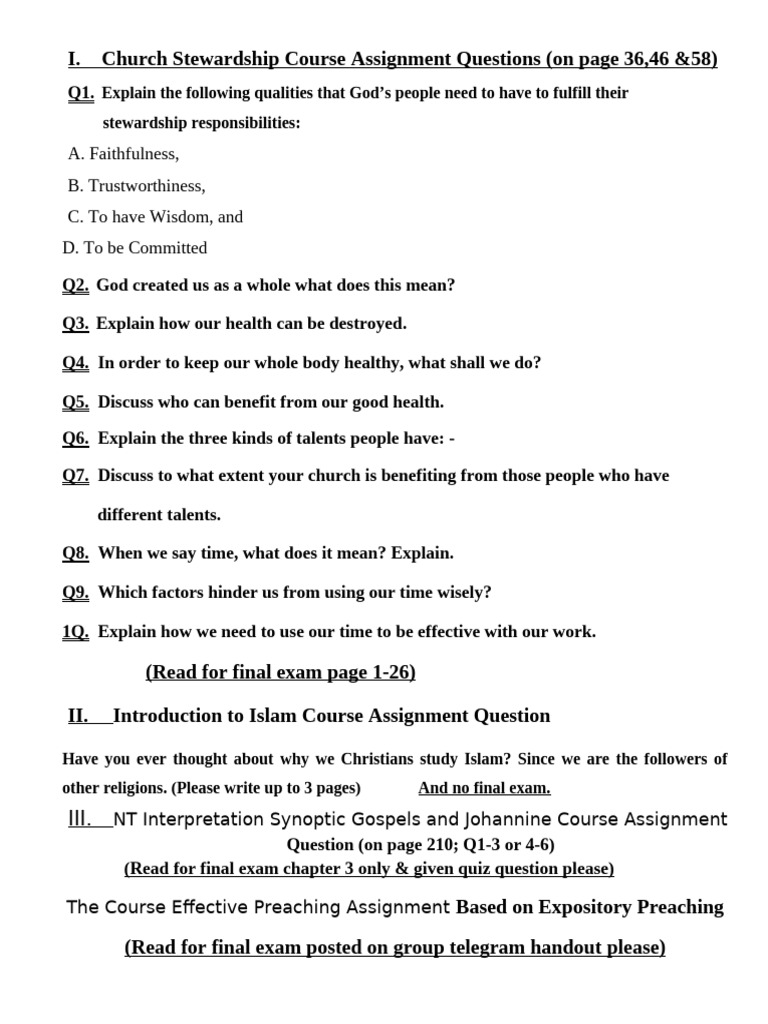 Church Stewardship and Course Assignments | PDF