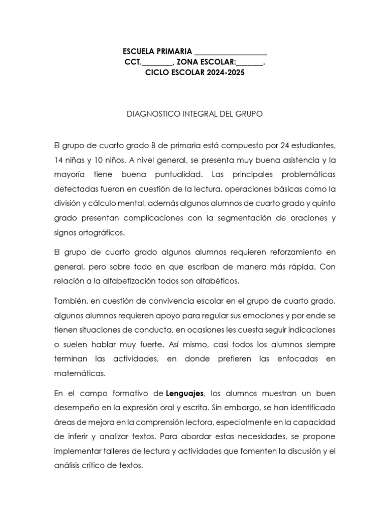 DIAGNÓSTICO INTEGRAL DEL GRUPO 2024-2025 4B Primaria | PDF | Escuelas ...