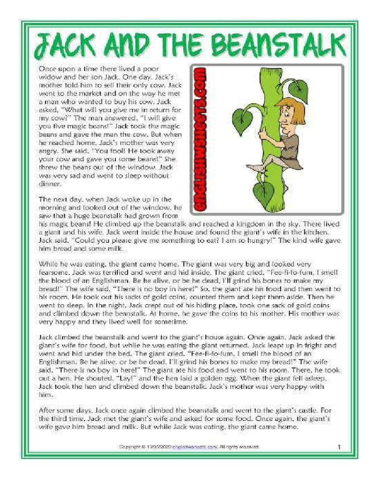 Jack and The Beanstalk ESL Reading Text Worksheet For Kids | PDF