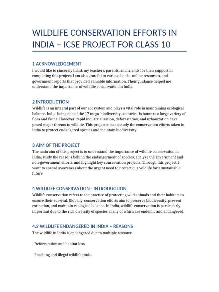 Wildlife Conservation in India: Class 10 Project | PDF | Endangered ...