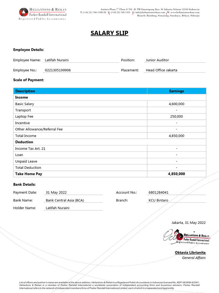 Salary Slip for Junior Auditor Latifah Nuraini | PDF | Business | Economies
