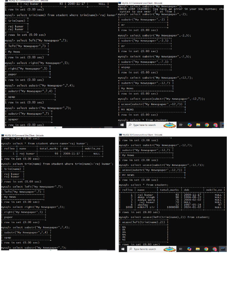 MYSQL Screenshots String, Numeric Functions | PDF