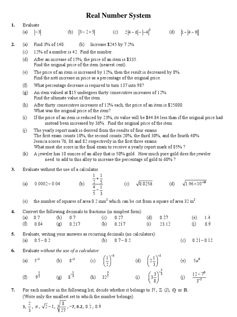 Real Number System Worksheet | PDF | Significant Figures | Decimal