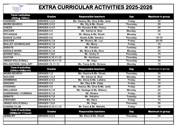 Extracurricular Activities 2025-2026 | PDF