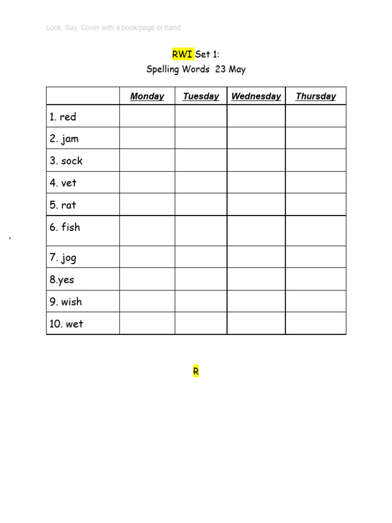 RWI Set 1 Spelling Words List | PDF