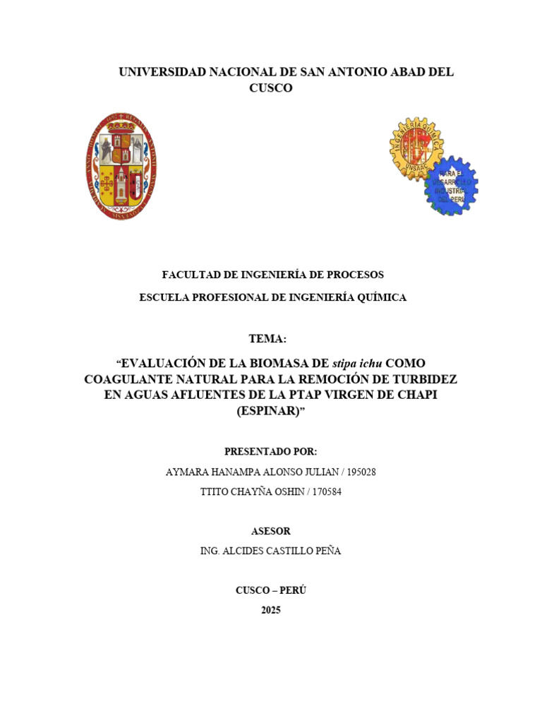 EVALUACIÓN DE LA BIOMASA DE Stipa Ichu COMO COAGULANTE NATURAL PARA LA REMOCIÓN DE TURBIDEZ EN ...