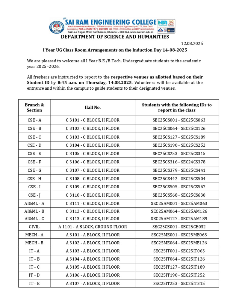 Classes On Induction Day - Circular | PDF