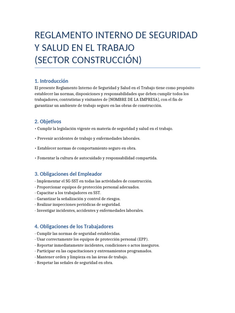 Reglamento Interno SST Construccion | PDF