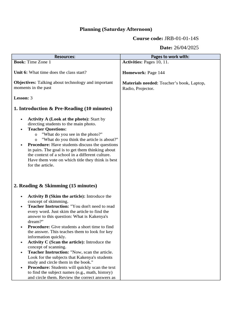 Time Zone 1, Unit 6, Lesson 3. | PDF | Speed Reading | Schools