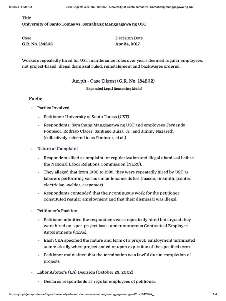 2-Case Digest - G.R. No. 184262 - University of Santo Tomas vs. Samahang Manggagawa NG UST | PDF ...