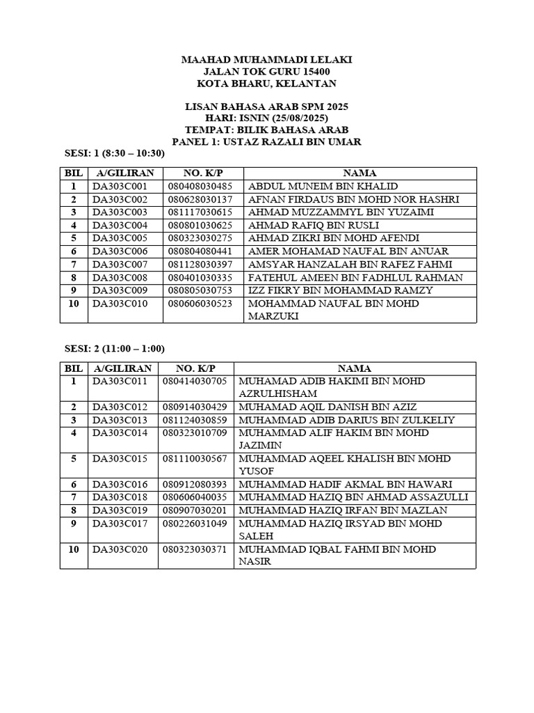 Jadual Lisan Bahasa Arab Spm 2025 | PDF