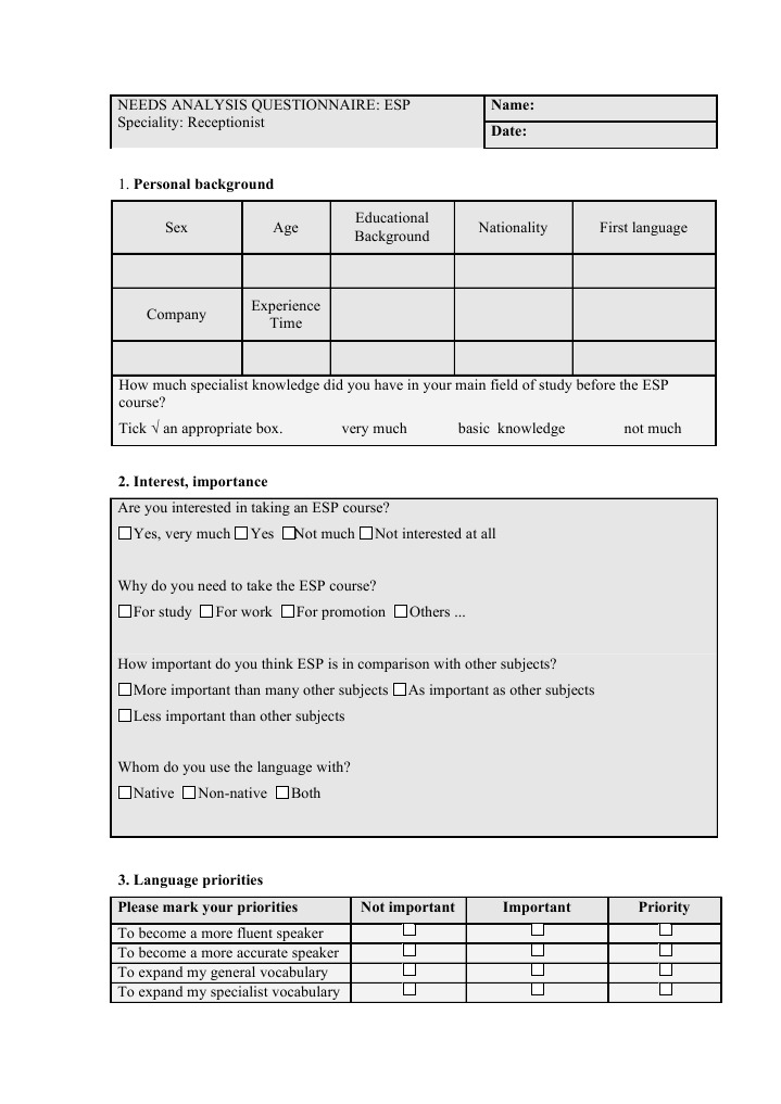 Needs Analysis Questionnaire | PDF | English Language | Vocabulary
