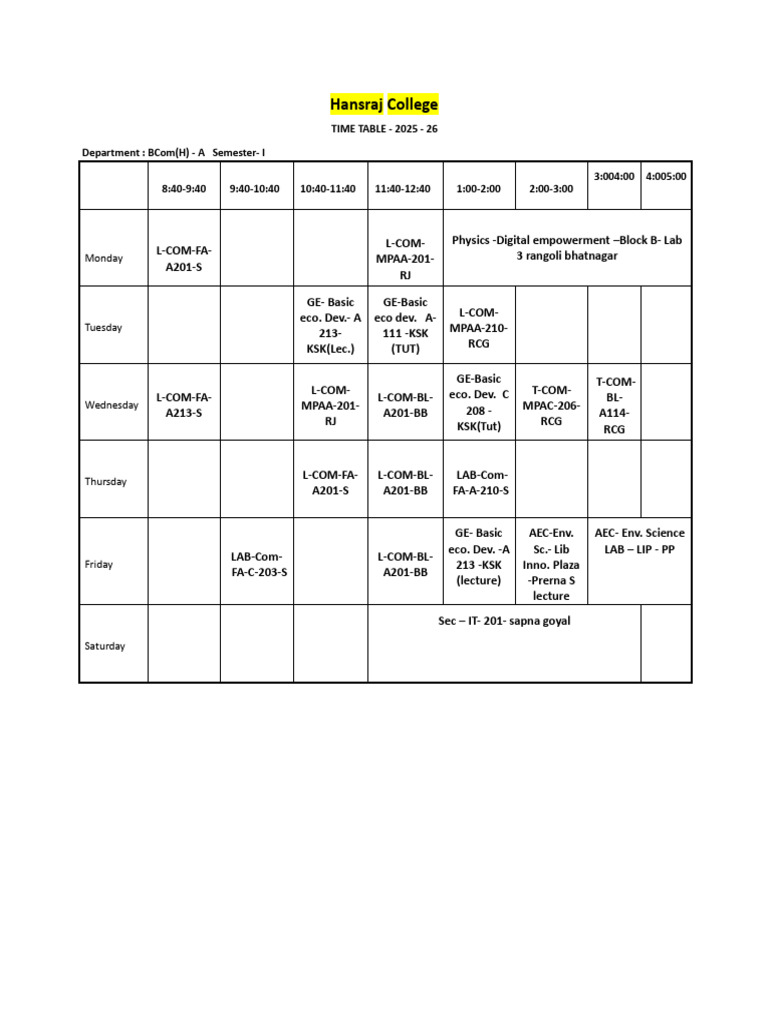 Time Table Bcom Hons | PDF