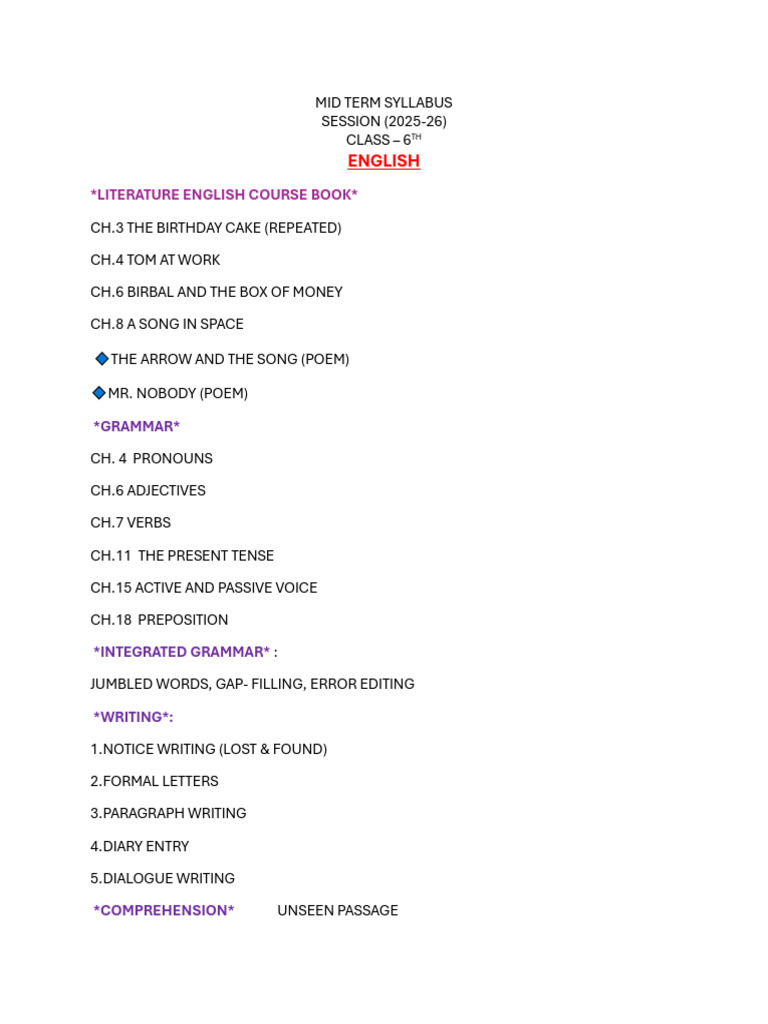 Class 6 Mid Term Syllabus 2025-26 | PDF | English Language | Linguistics