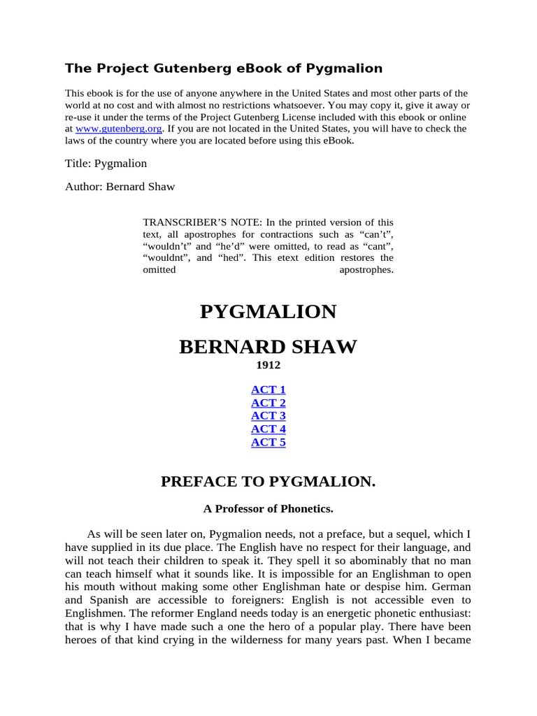 Pygmalion by Bernard Shaw eBook | PDF | Pygmalion (Play)