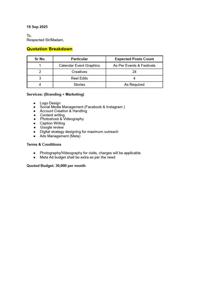 Monthly Branding & Marketing Quotation | PDF