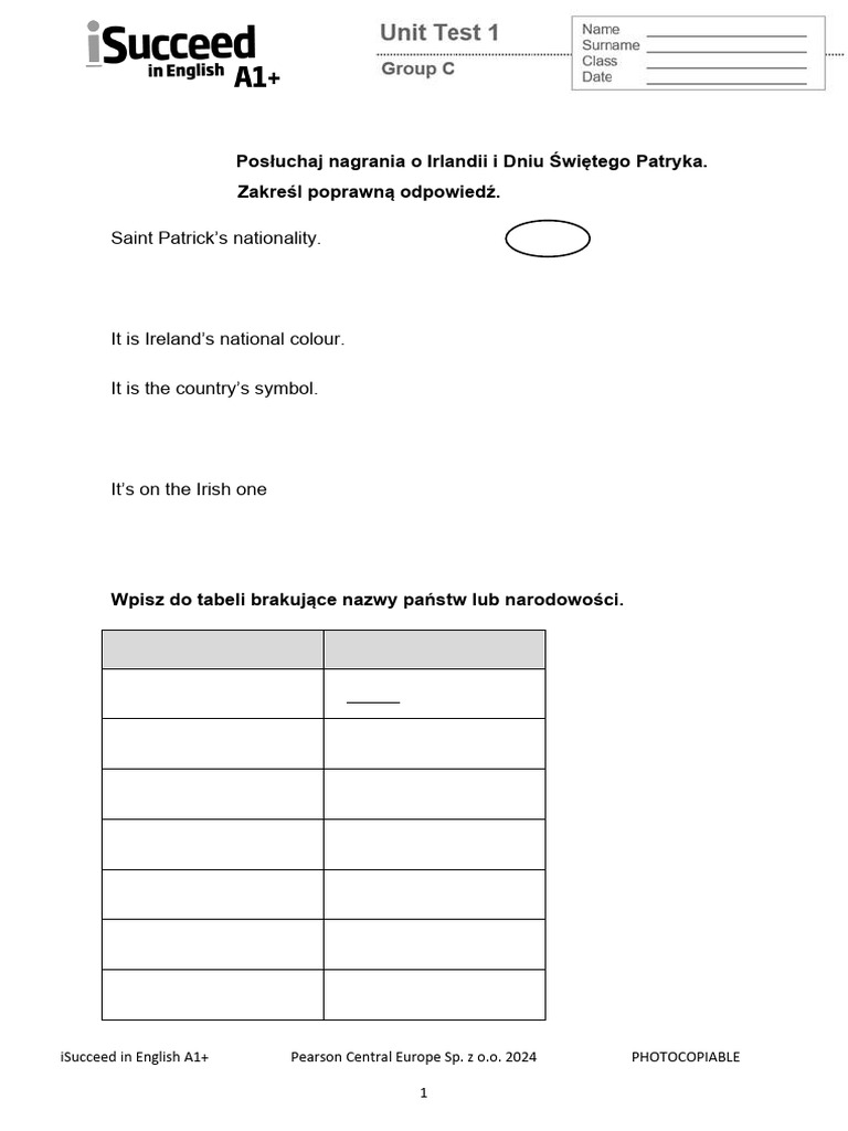A1+ English Unit 1 Test: Ireland | PDF | Dublin | Ireland