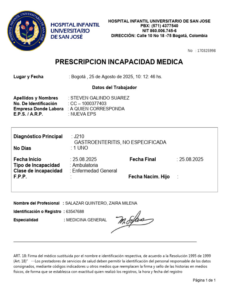 Incapacidad Médica por Gastroenteritis Infantil | PDF