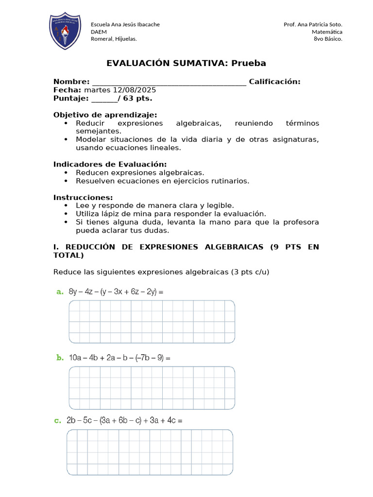 Evaluación de Matemáticas 8vo Básico | PDF | Matemáticas | Álgebra