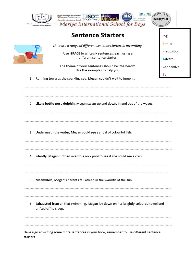 ISPACE Sentence Starters for Beach Writing | PDF
