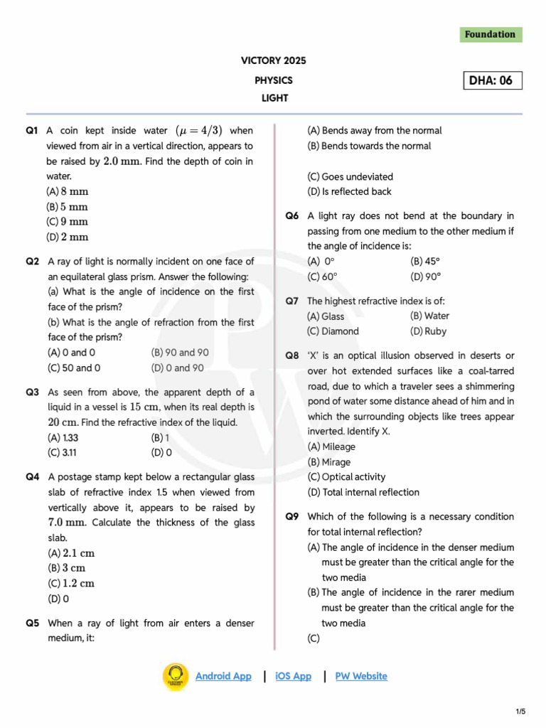Physics Questions on Light and Refraction | PDF | Refraction | Applied ...