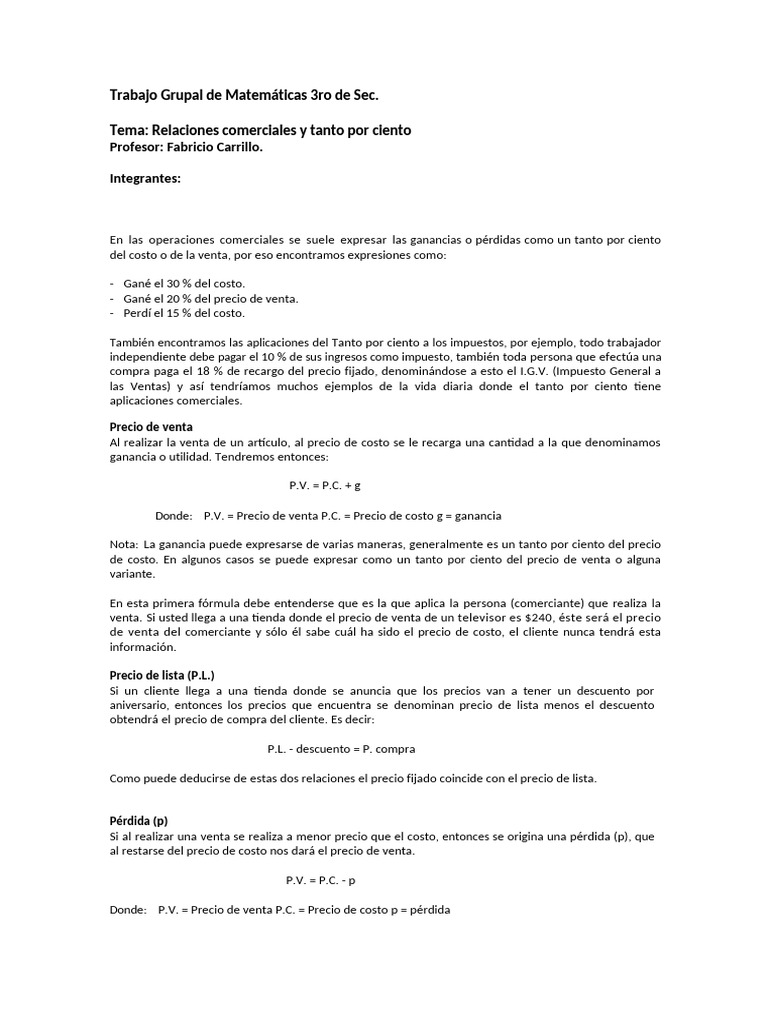 Trabajo Grupal de Matemáticas 3ro de Sec relaciones comerciales | PDF | Porcentaje | Precios