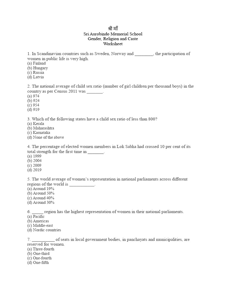Civics - Gender Religion and Caste Worksheet | PDF | Caste | Discrimination