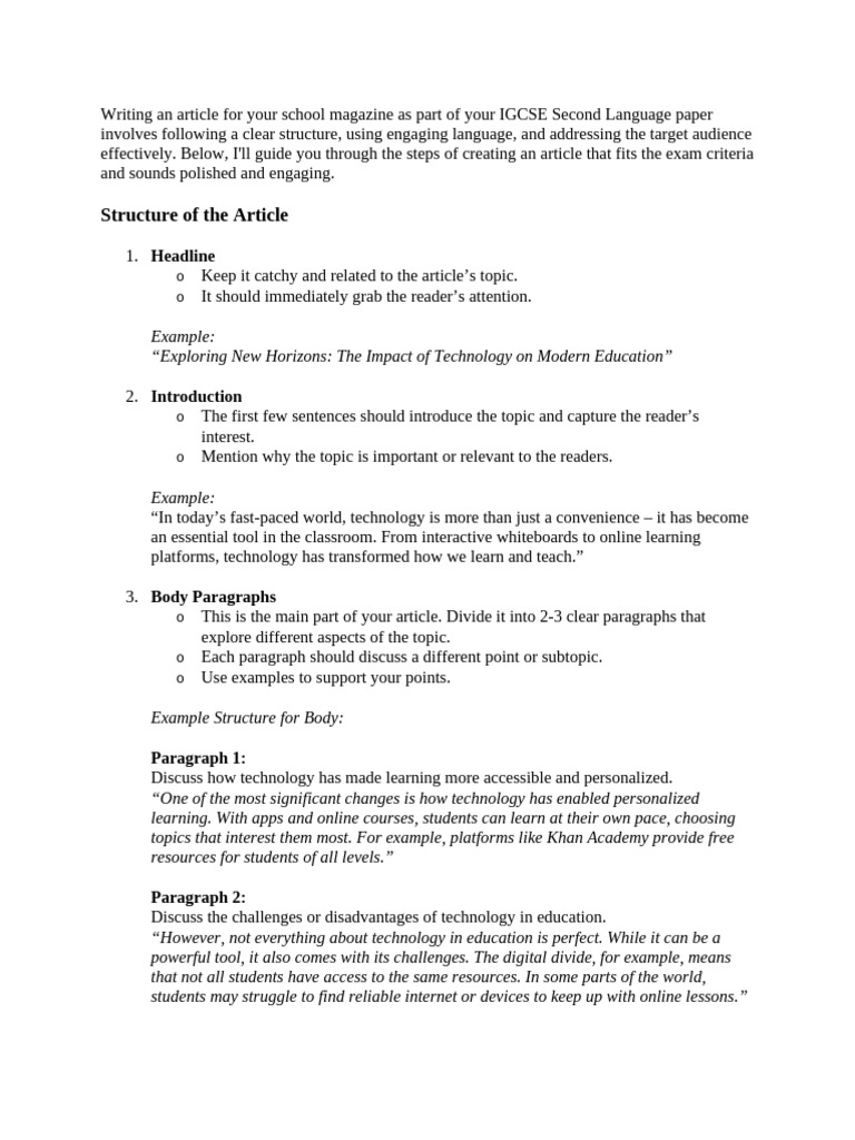 Writing An Article For Your School Magazine As Part of Your IGCSE ...